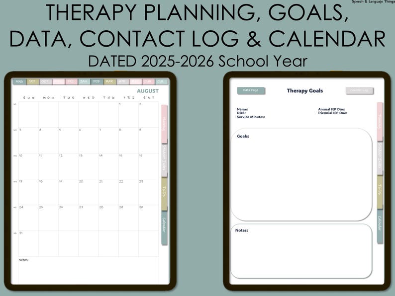 2025-2026 Speech Therapy Calendar, Planning, Goal, Data, and Contact ...
