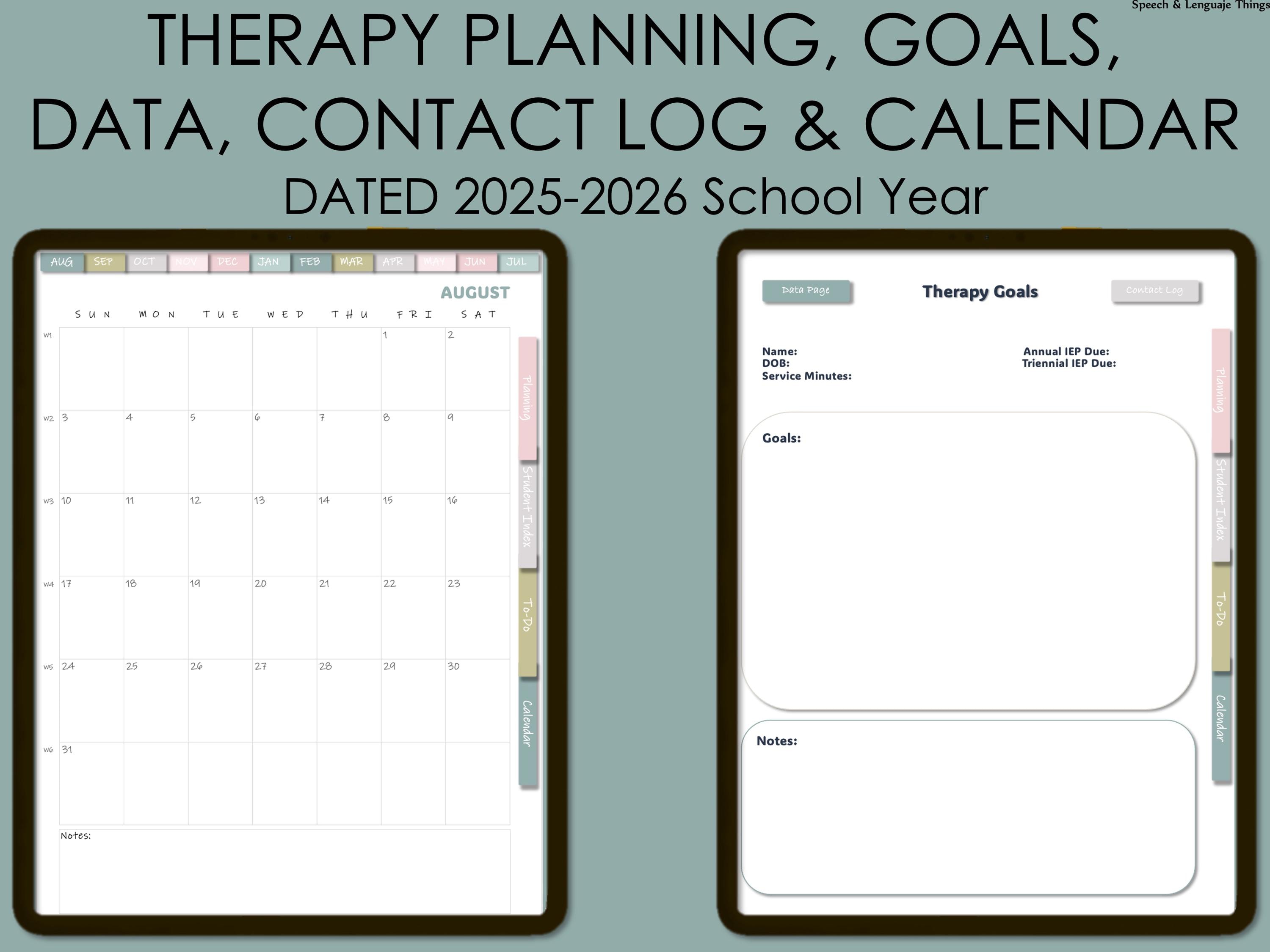 2025-2026 Speech Therapy Calendar, Planning, Goal, Data, and Contact ...