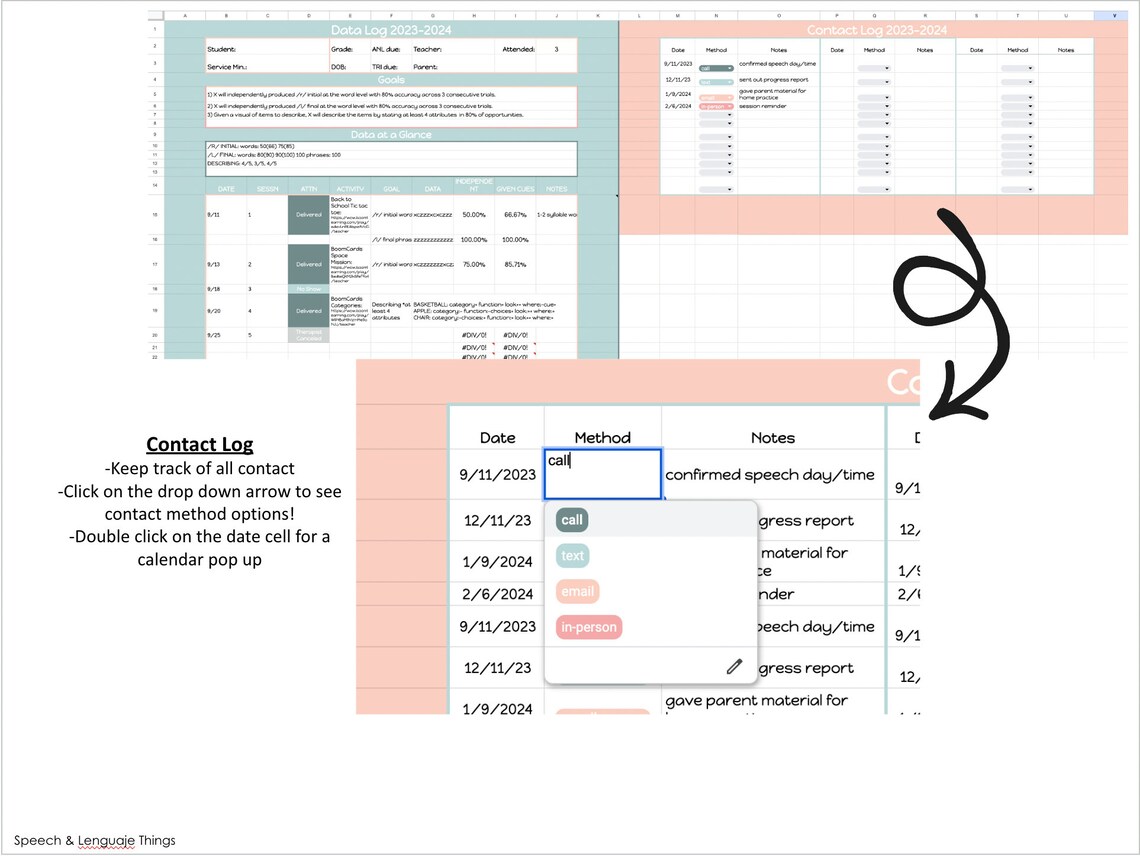 Self Calculating DATA & Contact Log Sheet for Speech Therapy - Google ...