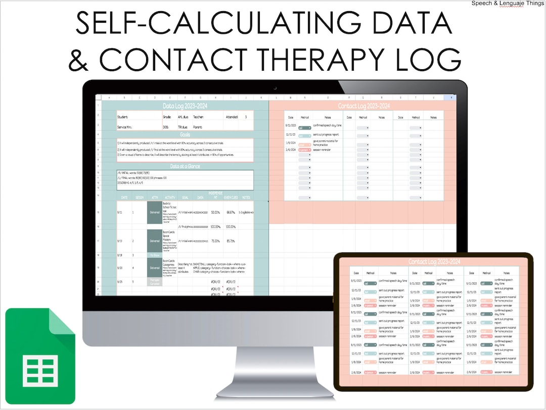 Self Calculating DATA & Contact Log Sheet for Speech Therapy - Google ...