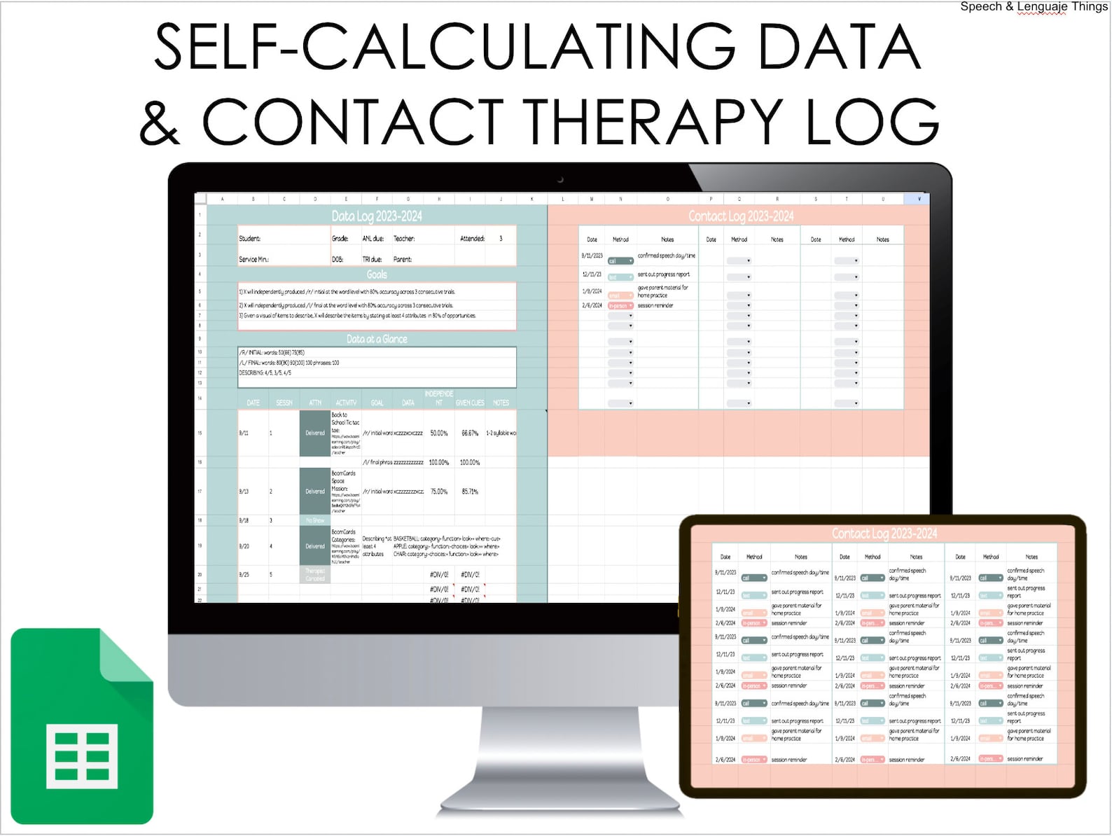 Self Calculating DATA & Contact Log Sheet for Speech Therapy - Google ...