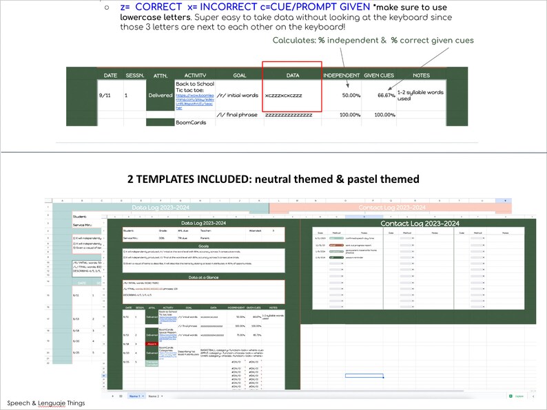 Self Calculating DATA & Contact Log Sheet for Speech Therapy - Google ...
