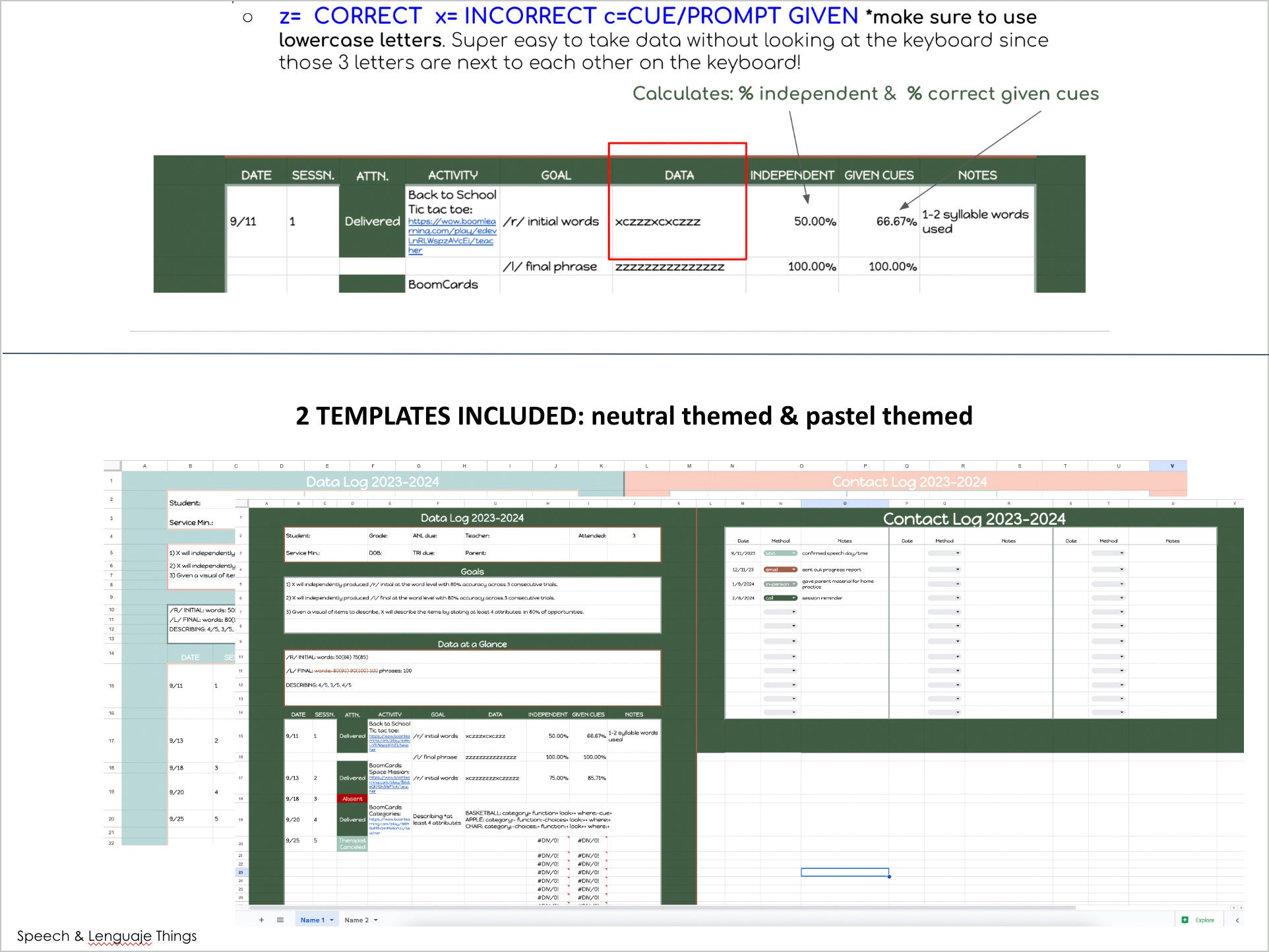 Self Calculating DATA & Contact Log Sheet for Speech Therapy - Google ...