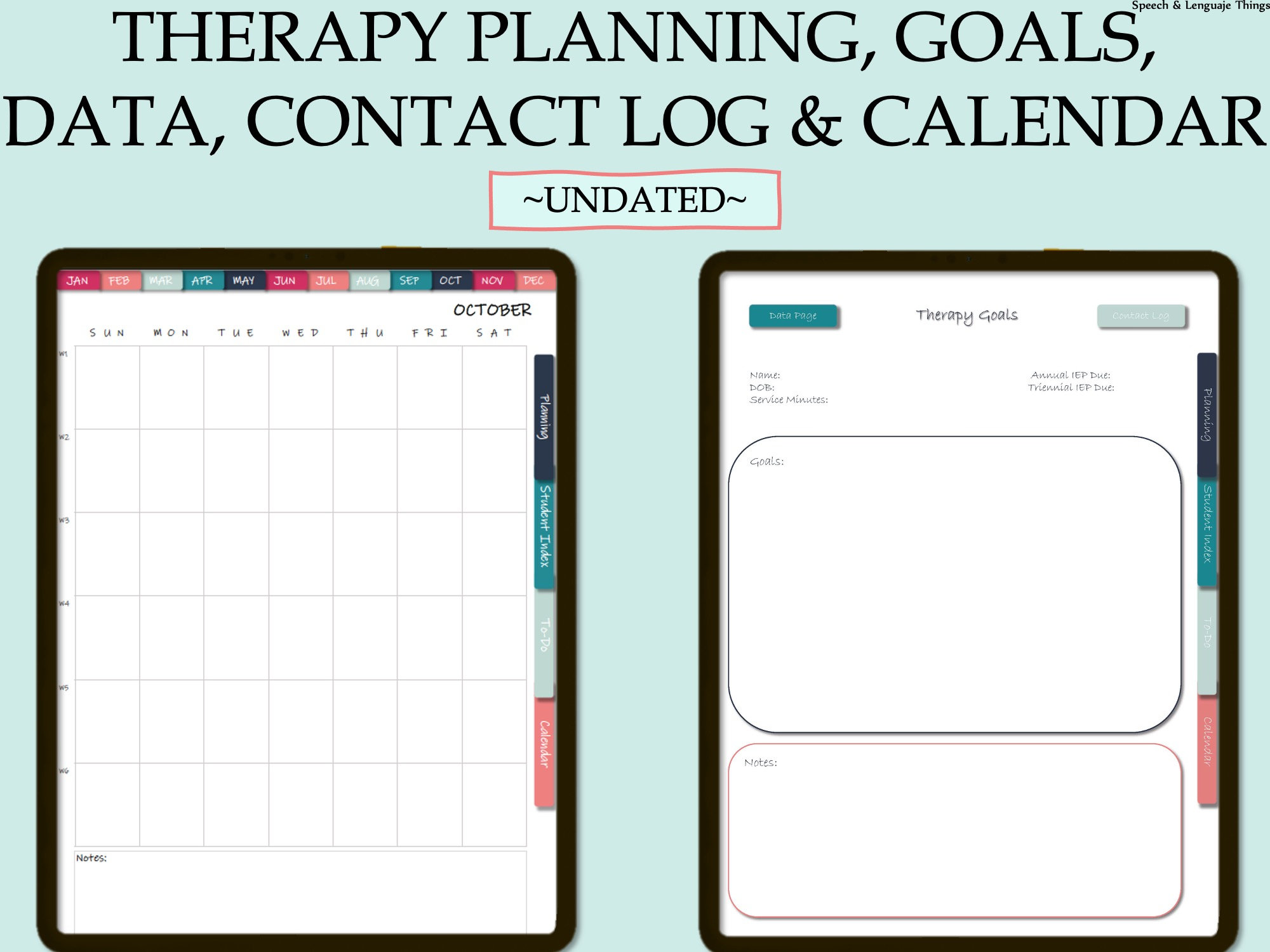 Speech Therapy Calendar, Planning, Goal, Data, Contact Log and to Do ...