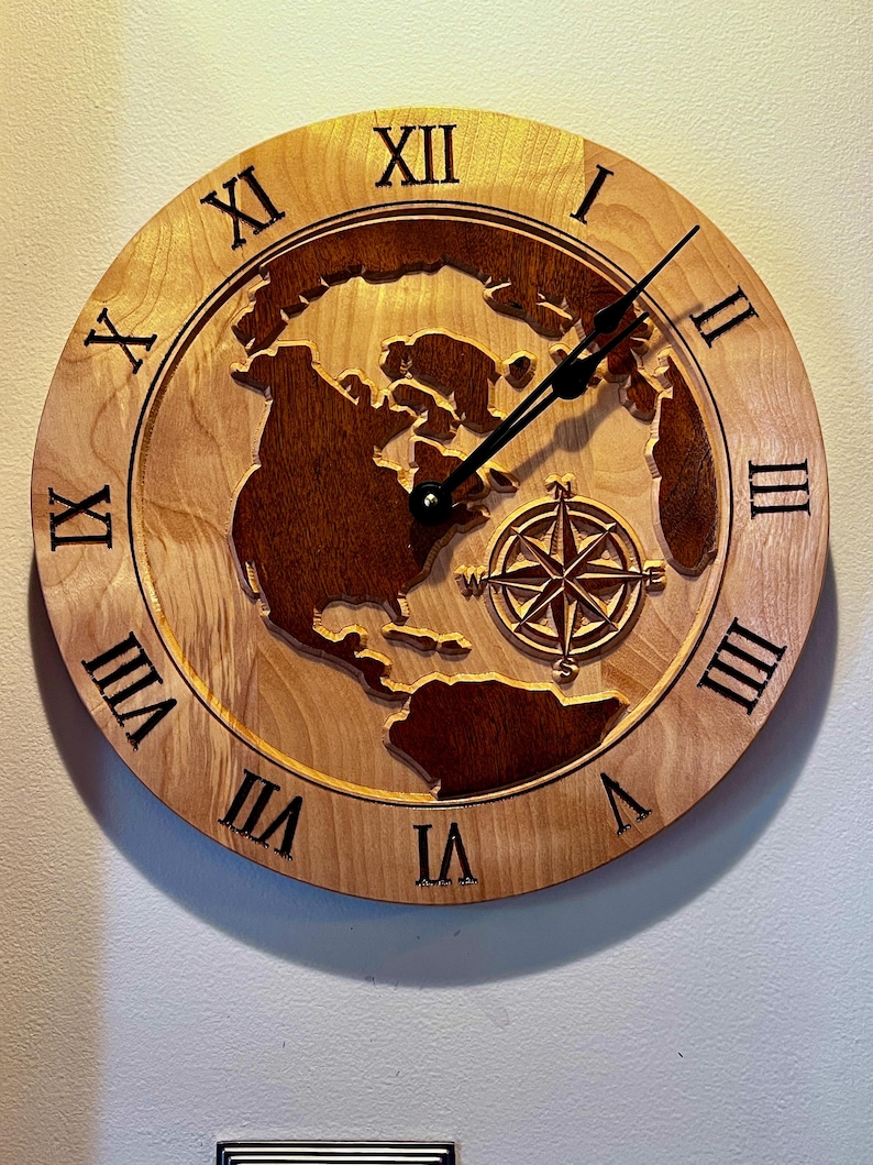 Compass Rose World Map Globe Carved Maple Clock – 15" Nautical Travel ...