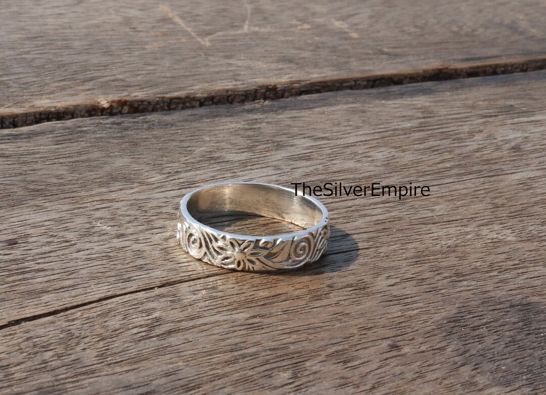 925 Sterling Silver Floral Pattern Ring, Silversmith Wedding Band ...