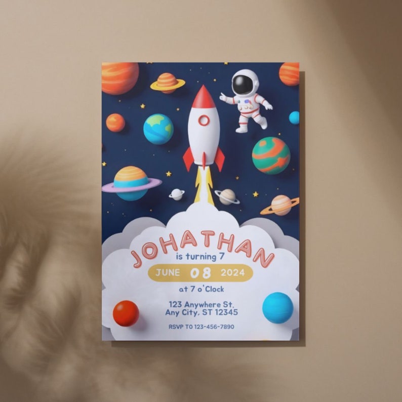 DIY Outer Space 3D Cartoon Print Birthday Invitation. Pixel Invitation ...