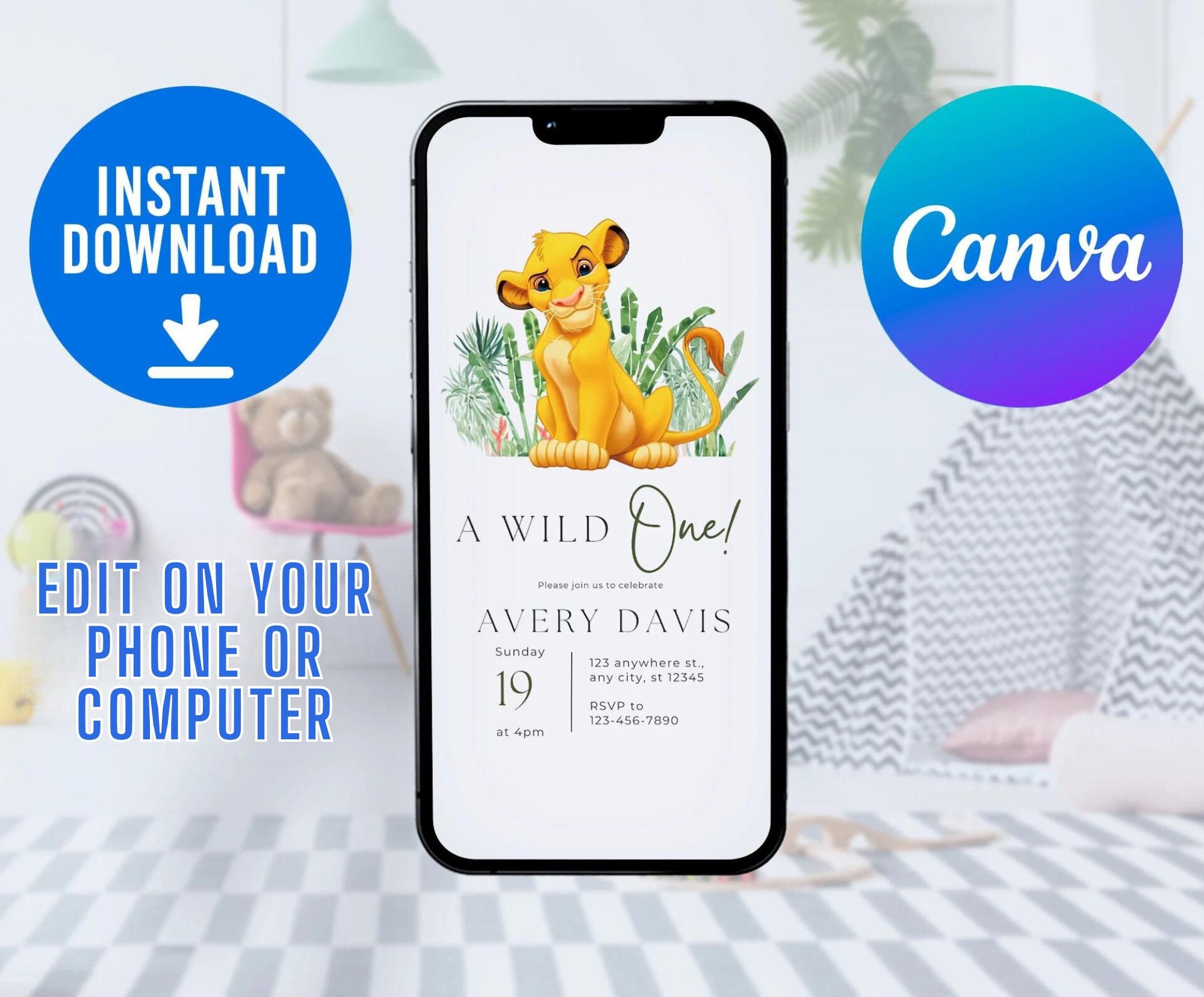 DIY Simba Birthday Invitation. Electronic Simba Birthday Invite. Simba ...