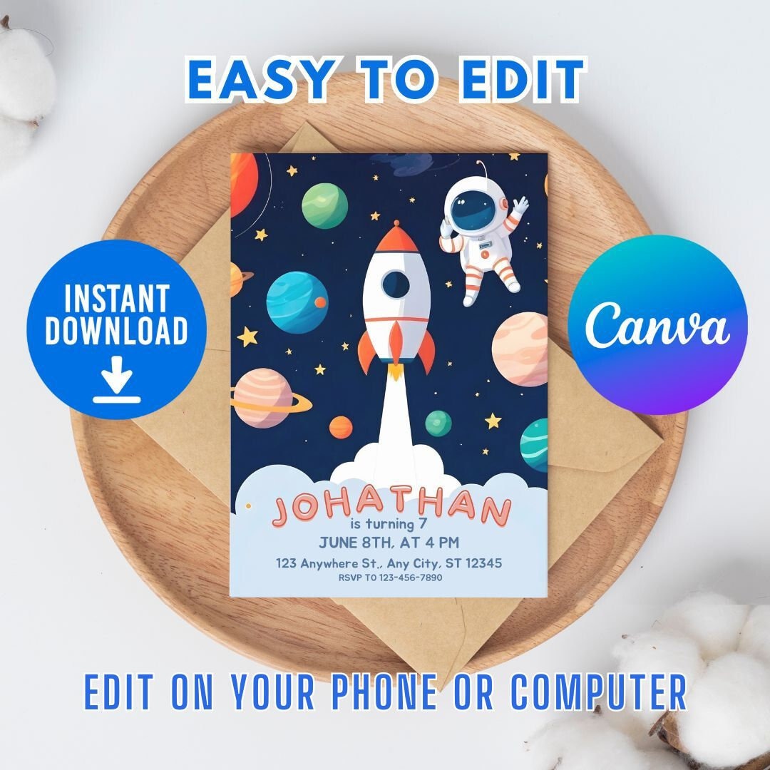 DIY Outer Space Watercolor Print Birthday Invitation. Pixel Invitation ...