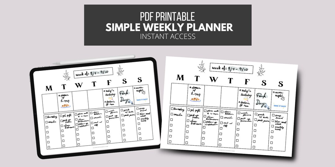 Simple Weekly Planner Printable Landscape PDF, A4 and US Letter, One ...