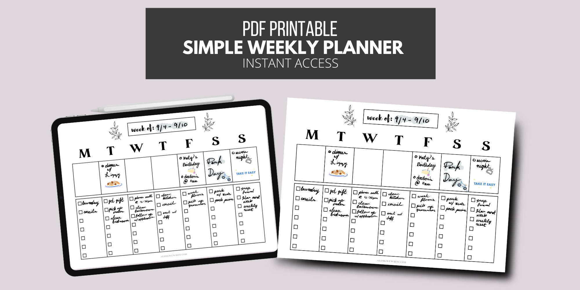 Simple Weekly Planner Printable Landscape PDF, A4 and US Letter, One ...