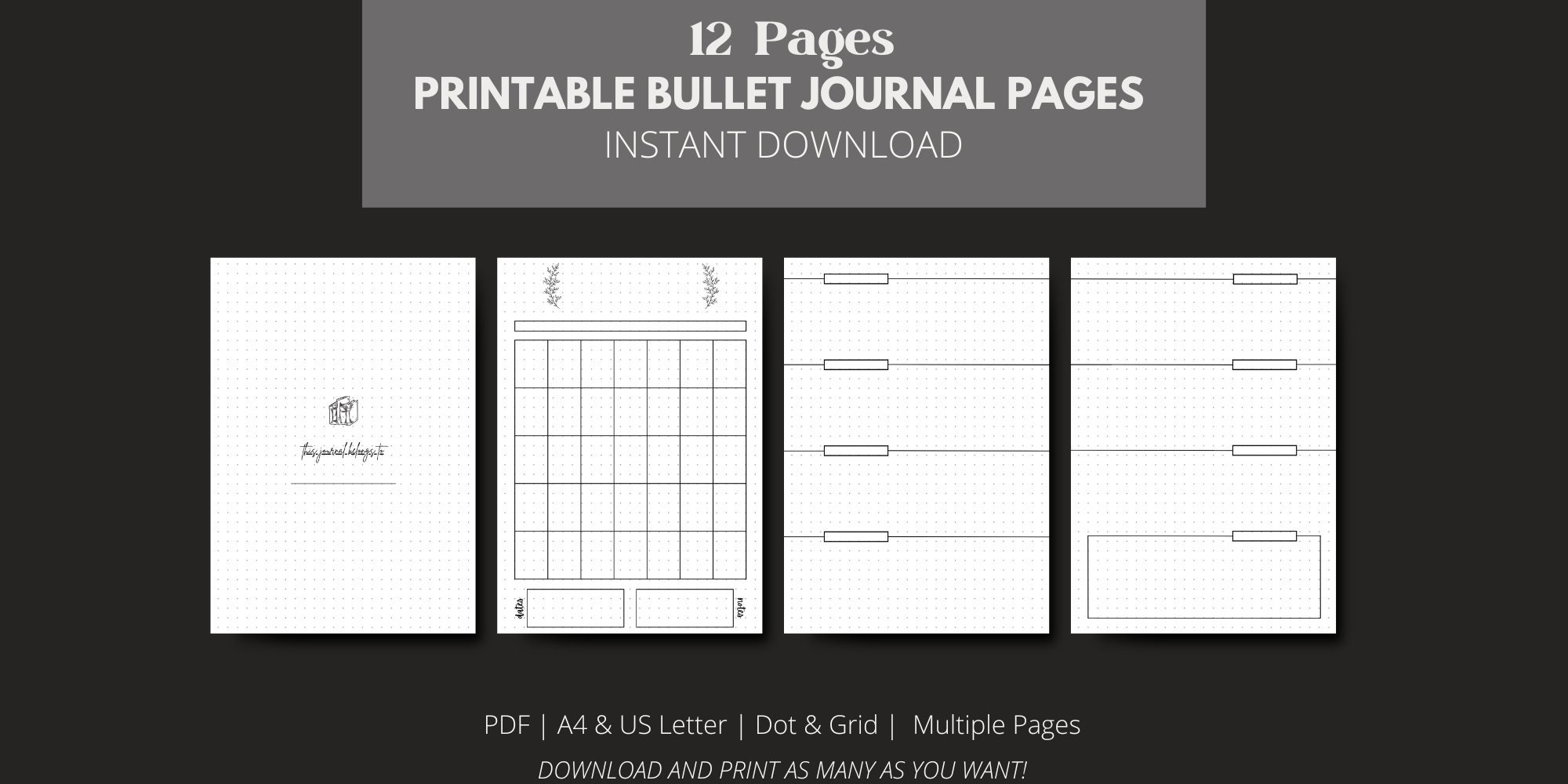 Undated Printable Bullet Journal Pages // Dotted, Grid // A4, US Letter ...