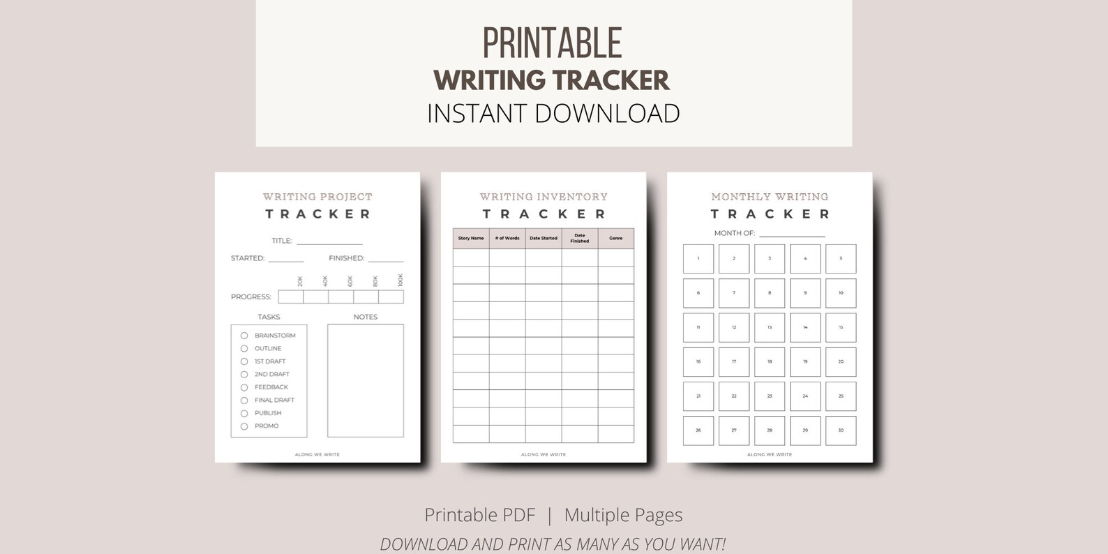 Writing Tracker Printable // A4, US Letter // Printables for Writers // Tracker Printable ...