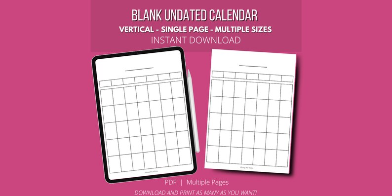 Blank Undated Calendar Printable // Vertical Monthly Calendar // A3, A4 ...