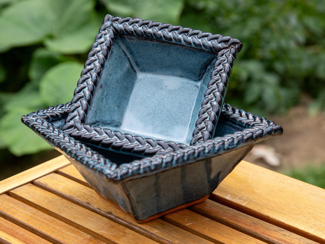 Small Pottery Nesting Bowls Blue With Braided Rim, Rustic Hand Built - Etsy