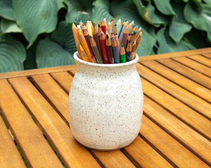 Pottery Pencil Holder Stoneware Handmade White Pen Vase Utensil Holder ...
