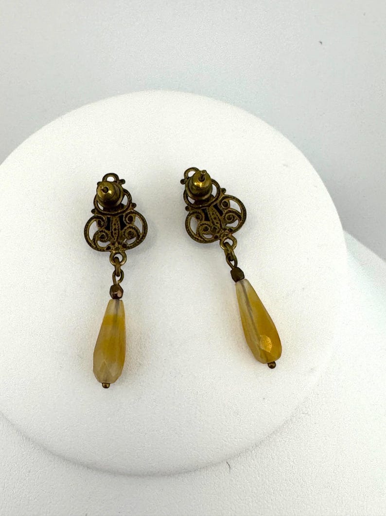 Vintage Victorian Revival Filigree Drop Earrings Champagne Glass Honey ...