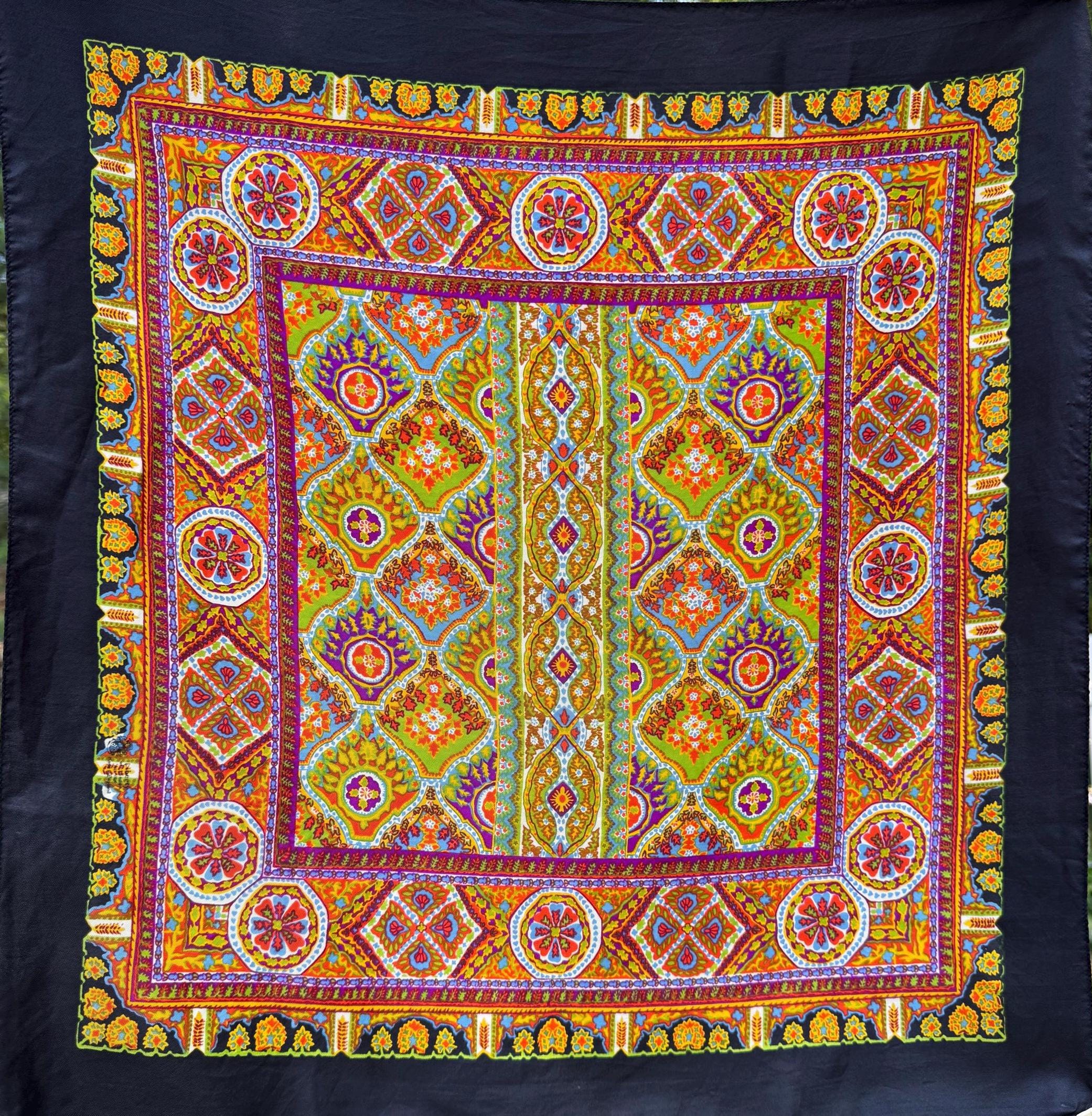 Vintage Silk Scarf: Bold Moroccan Tile Pattern With Black Border ...