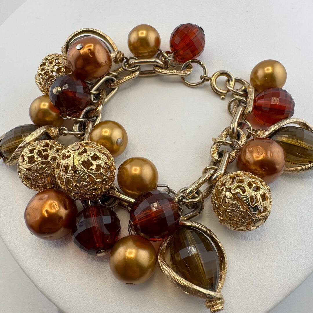 Vintage Gold-tone & Amber Acrylic Charm Bracelet - Etsy