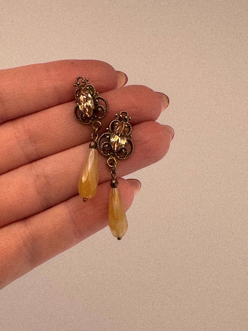 Vintage Victorian Revival Filigree Drop Earrings Champagne Glass Honey ...