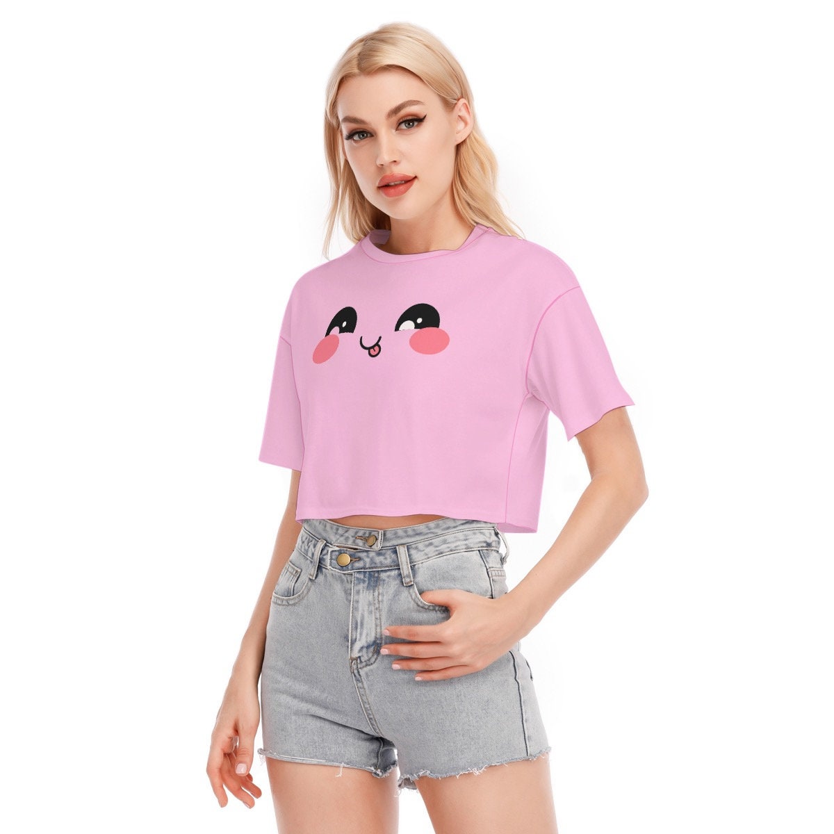 Kawaii Face Crop Top Cute Pink Face Women's Cropped T-shirt - Etsy