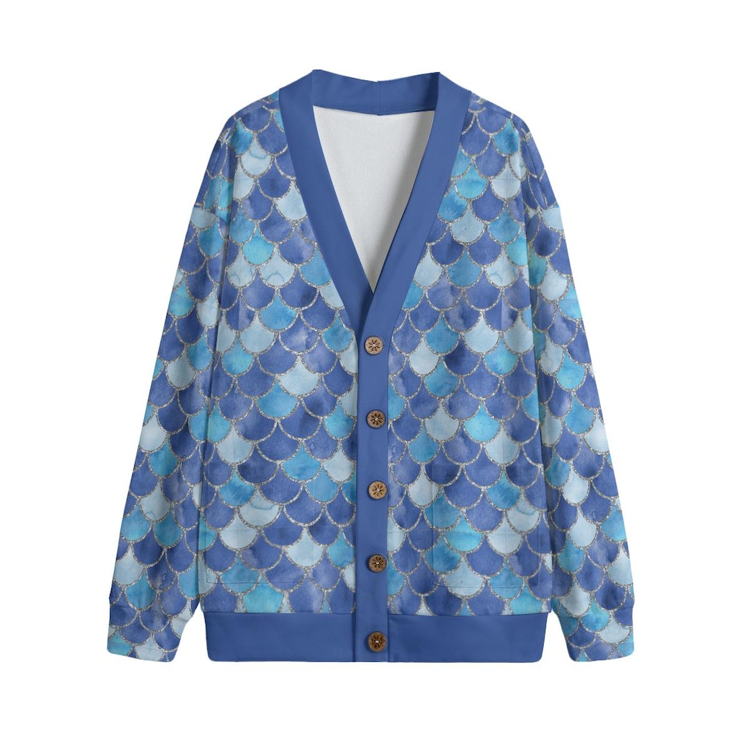 Mermaid Cardigan Blue Fish Cardigan Unisex V-neck Knitted Fleece ...