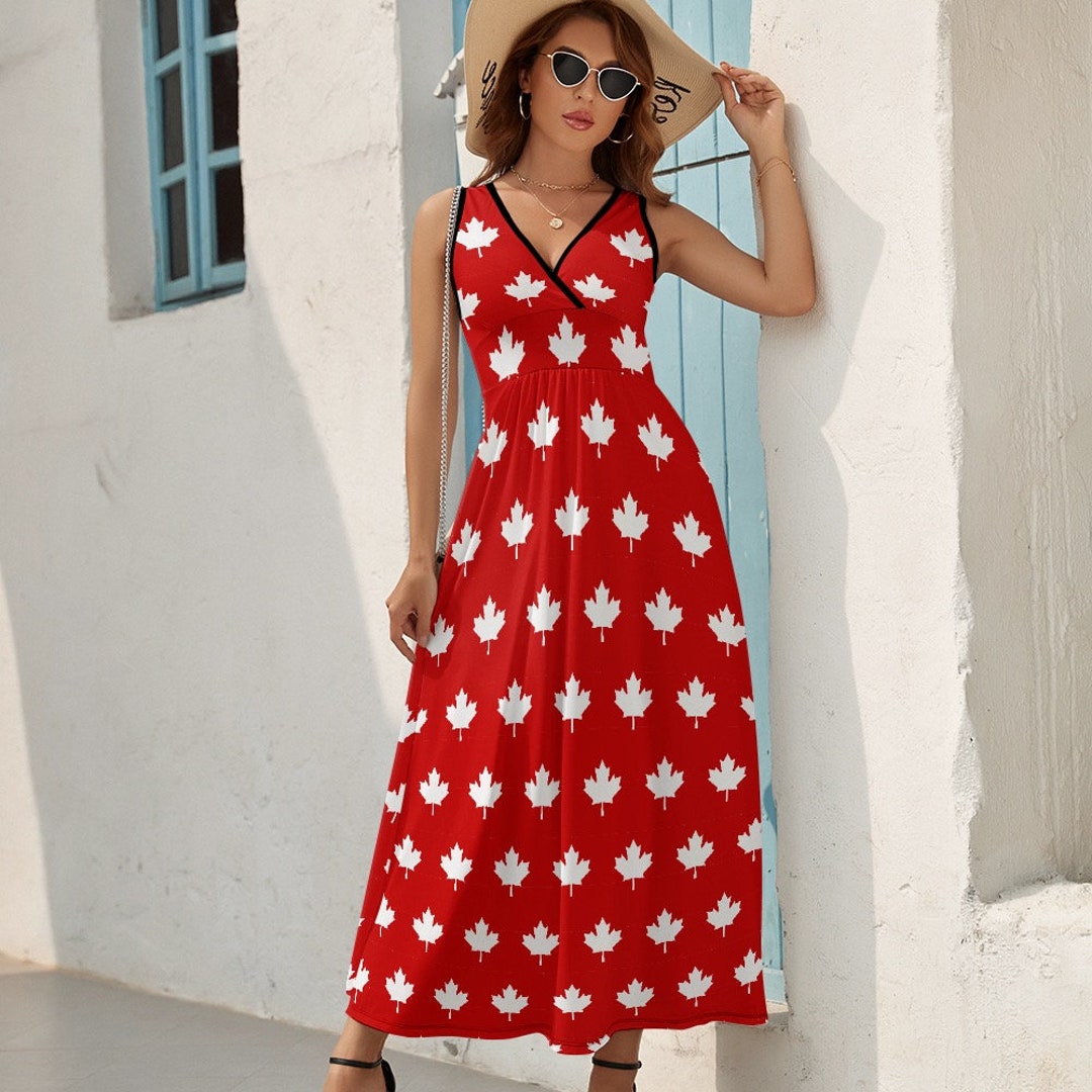 Maple Leaf Dress Canadian Maple Leaf Ladies Sleeveless Surplice Maxi ...