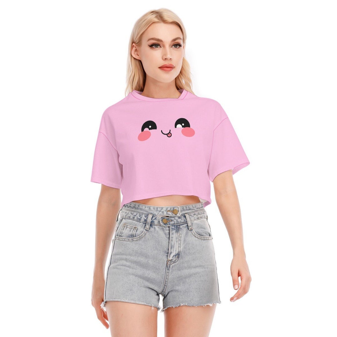Kawaii Face Crop Top Cute Pink Face Women's Cropped T-shirt - Etsy