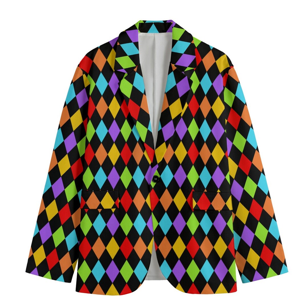 Colorful Clown Suit Jacket With Rainbow Diamond Pattern, Casual Men's ...