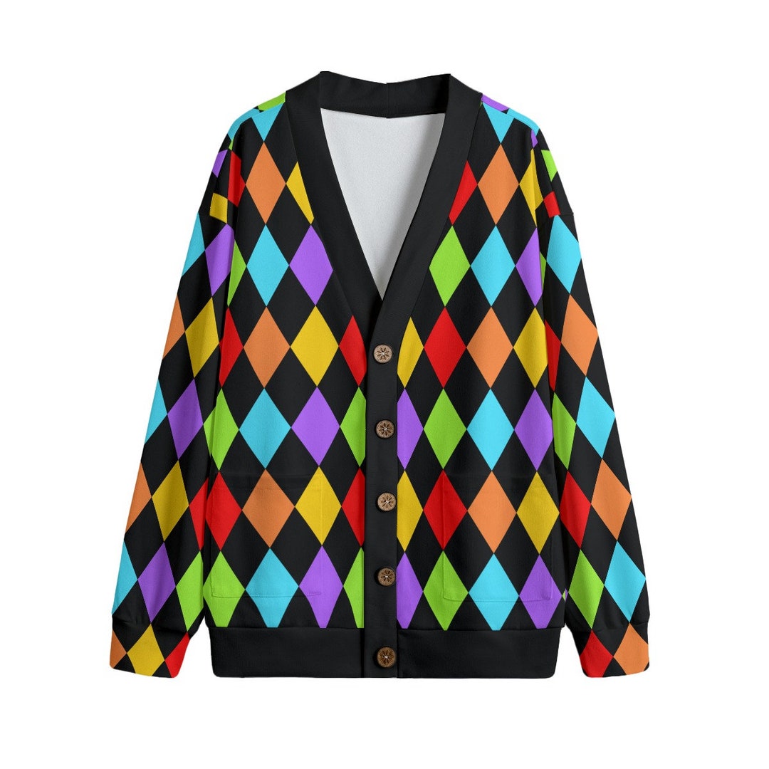 Clown Rainbow Diamond Pattern Unisex V-neck Knitted Fleece Cardigan ...