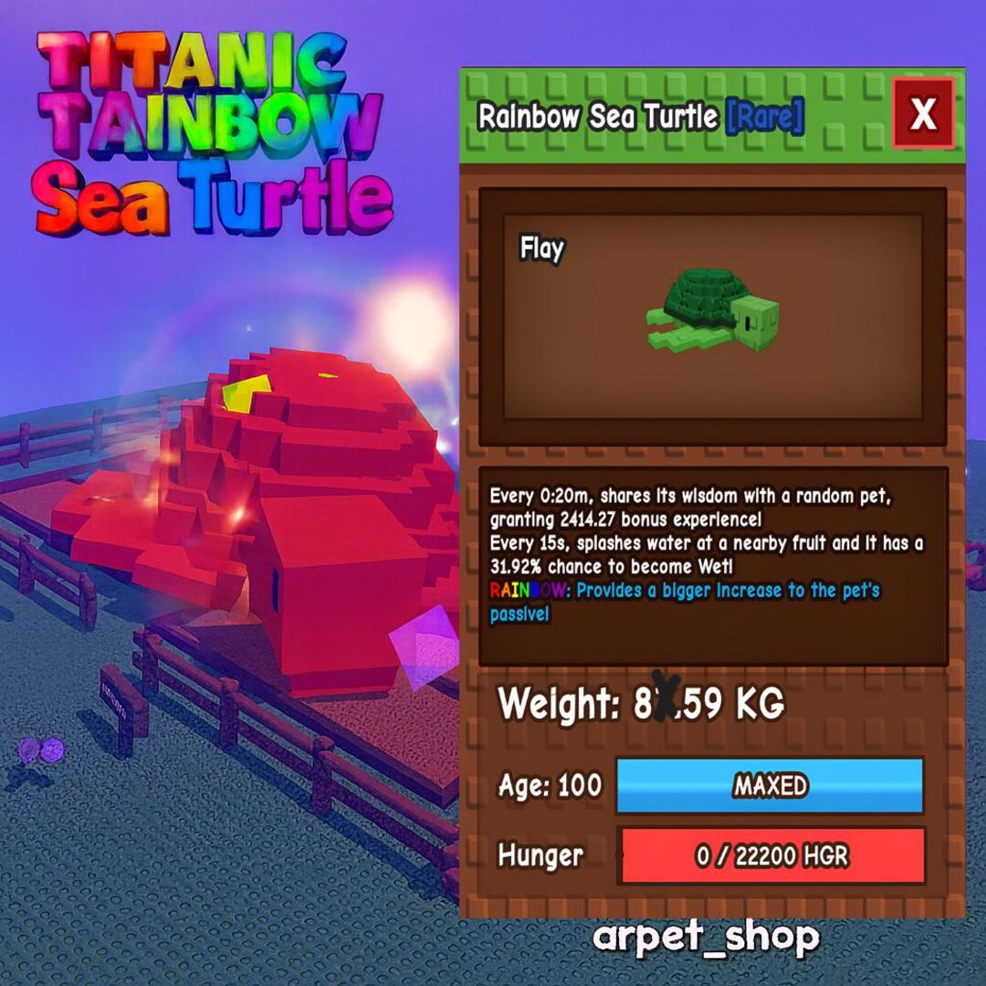 Roblox Grow A Garden -titanic RAINBOW SEA TURTLE 0.20m 80KG +- Insant ...