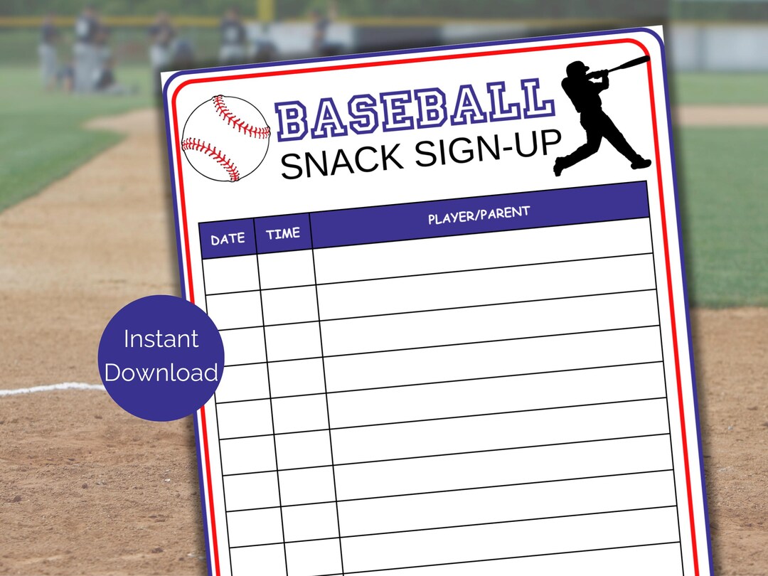 Baseball Snack Sign up Sheet, Printable Baseball Snack Schedule ...