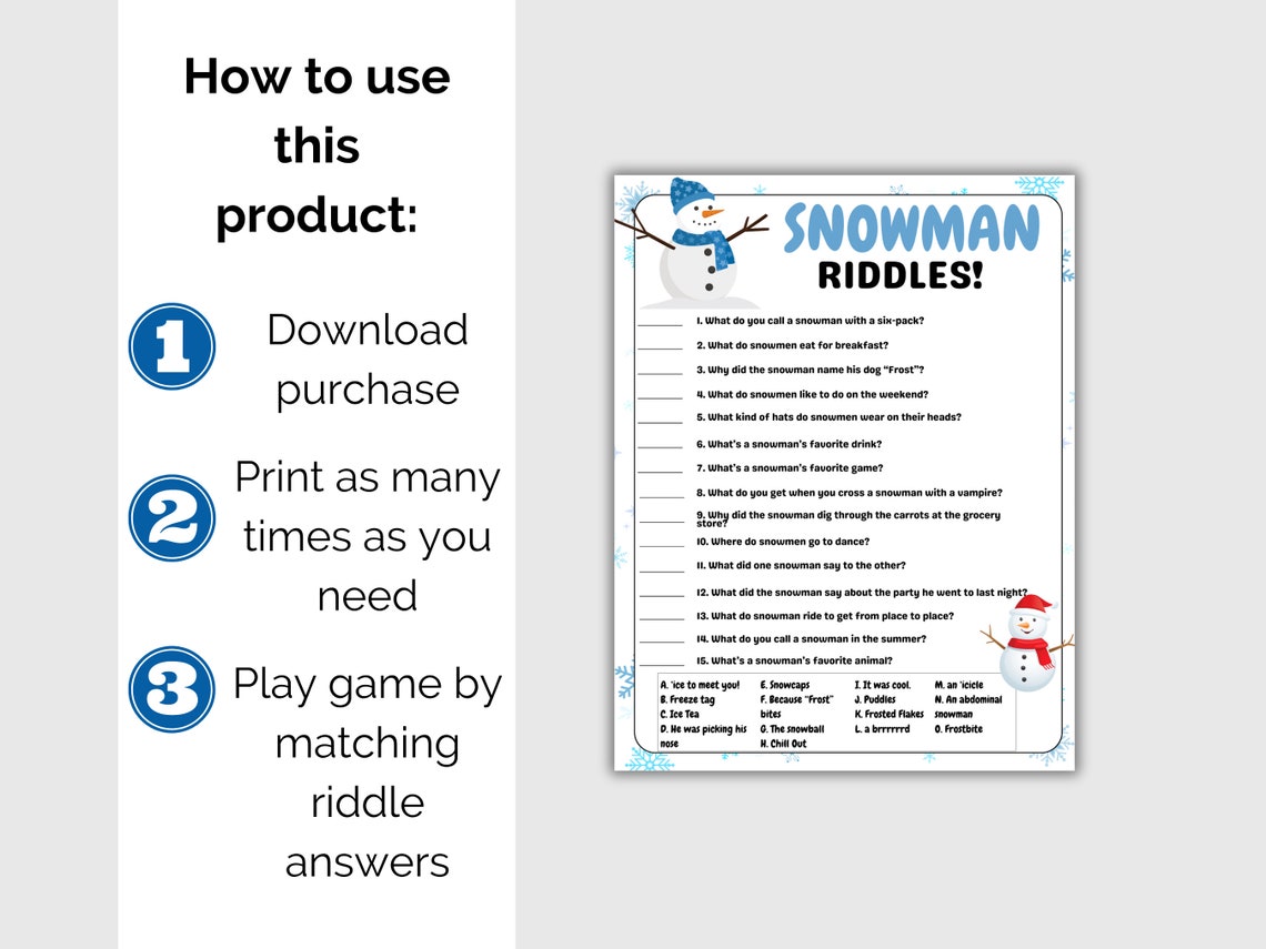 Snowman Riddles, Winter Riddles, Winter Printable Activity, Winter Game ...