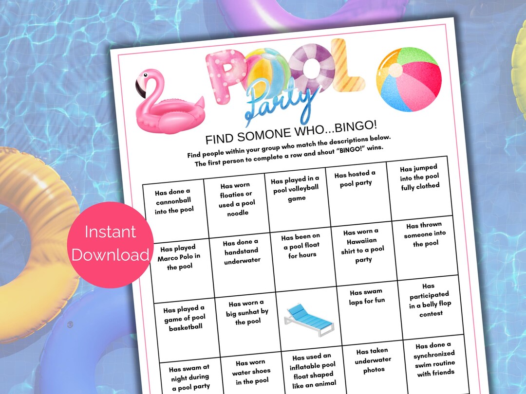 Pool Party Find Someone Who Game, Pool Party Party Mix and Mingle Bingo ...