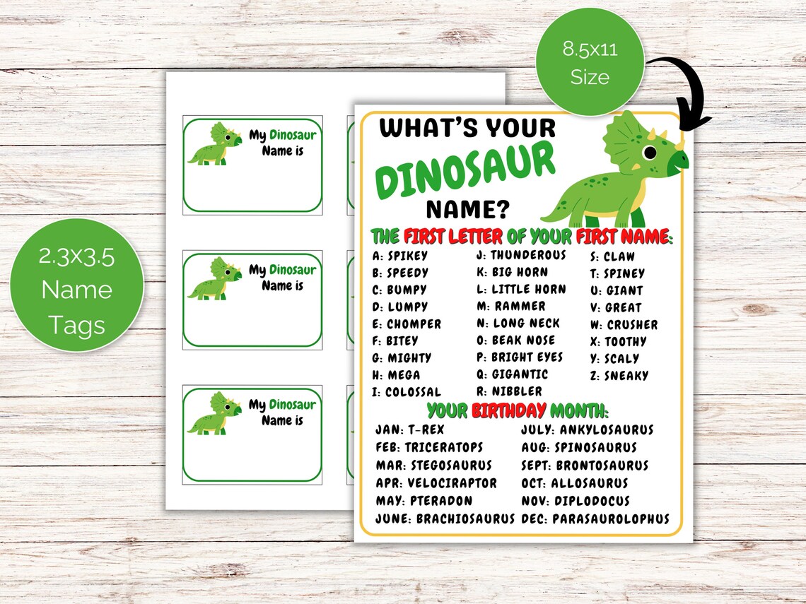 What's Your Dinosaur Name Game + Name Tags, Dinosaur Birthday Party ...