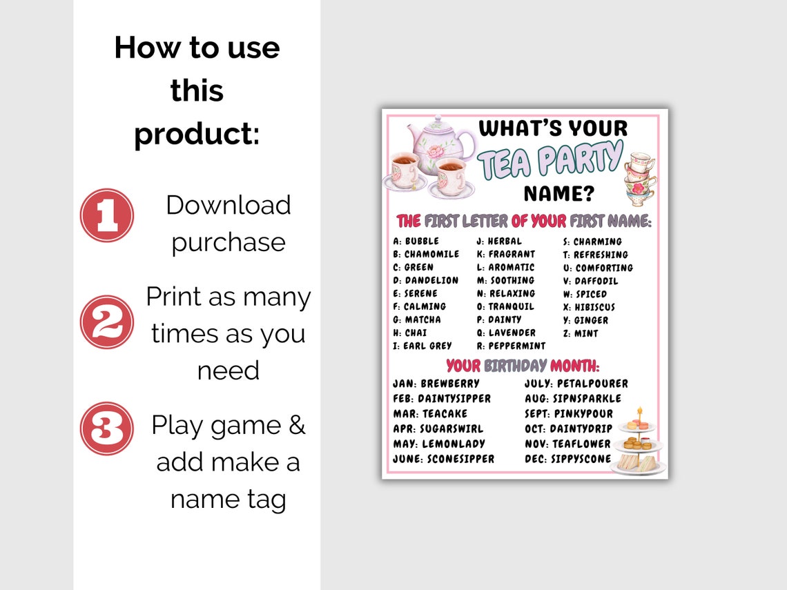 What's Your Tea Party Name Game + Name Tags, Tea Party Games for Kids ...