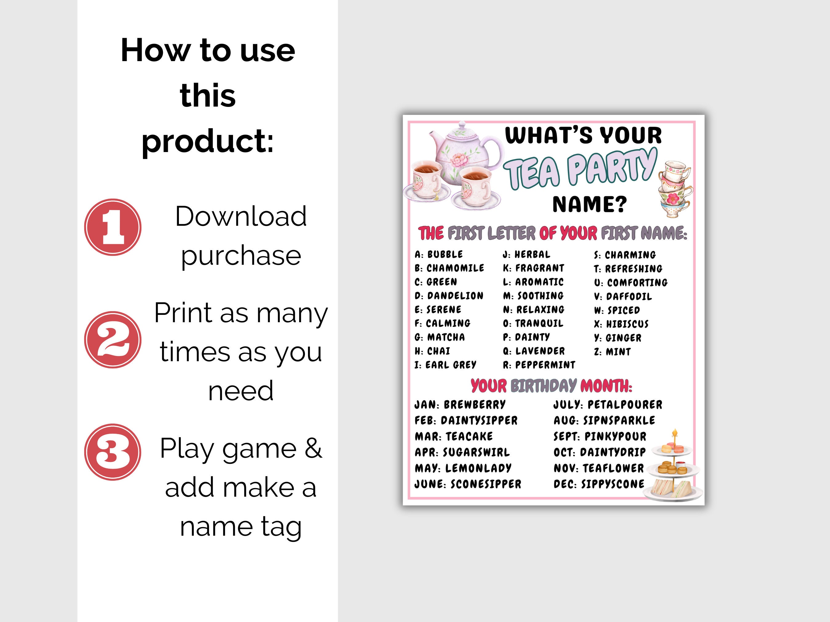 What's Your Tea Party Name Game + Name Tags, Tea Party Games for Kids ...