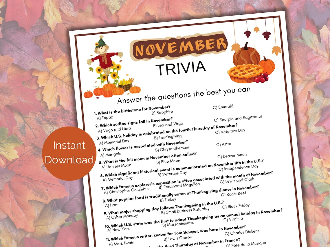 November Trivia Game, November Quiz, Fall Activities for Kids and ...