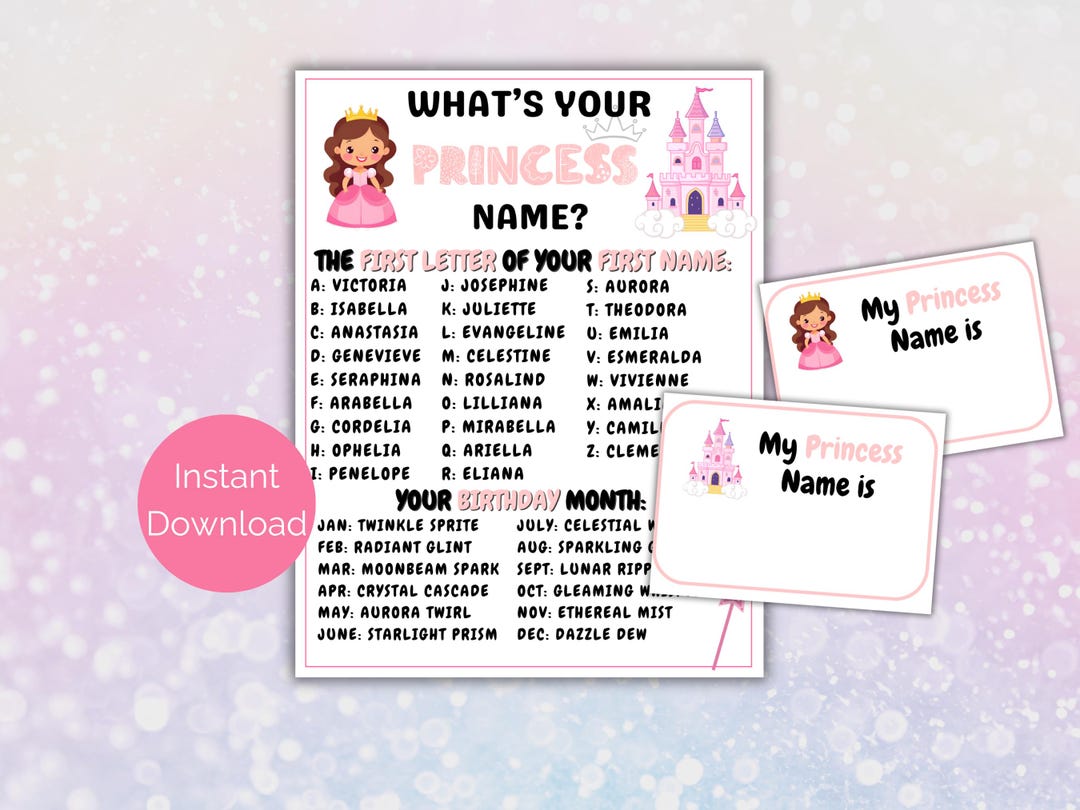What's Your Princess Name Game + Name Tags, Printable Princess Birthday ...