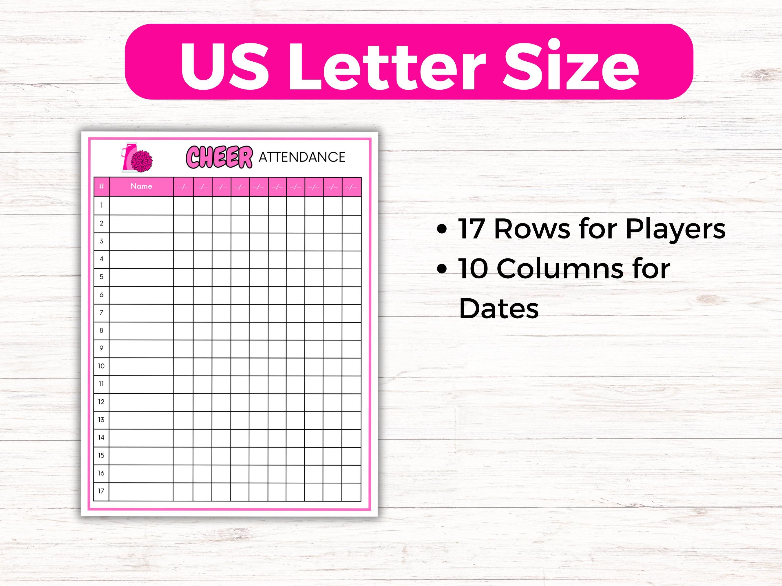 Cheerleading Attendance Sheet, Printable Cheer Season Attendance Log ...