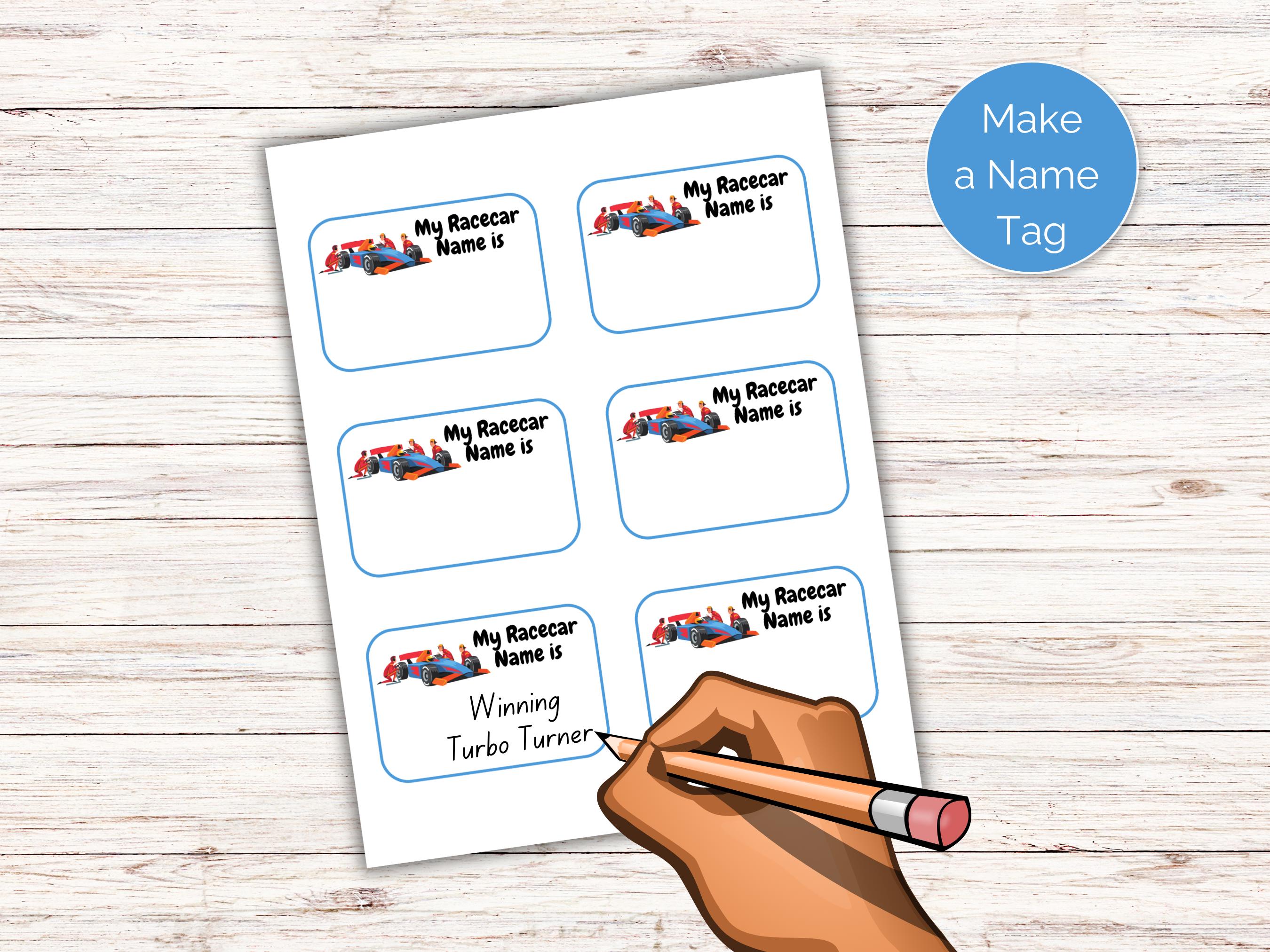 What's Your Race Car Name Game + Name Tags, Printable Race Car Birthday ...