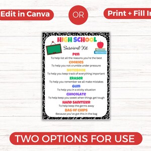 Editable High School Survival Kit Gift Tags, Back to School Gift Tag ...