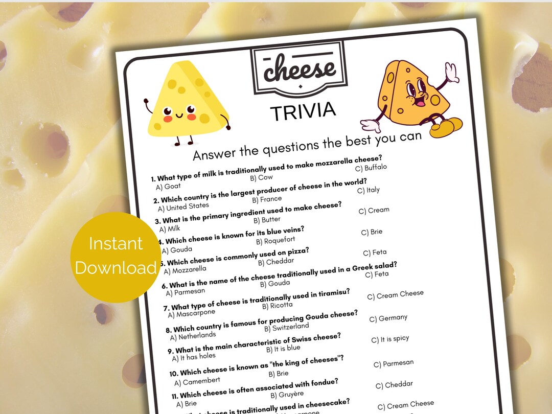 Cheese Trivia Game, Cheese Quiz, Printable Cheese Party Game for Kids ...