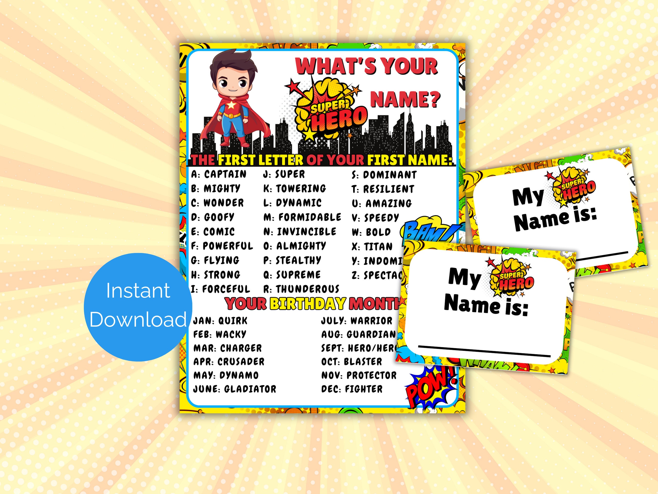 What's Your Superhero Name Game Name Tags, Superhero Birthday Party ...