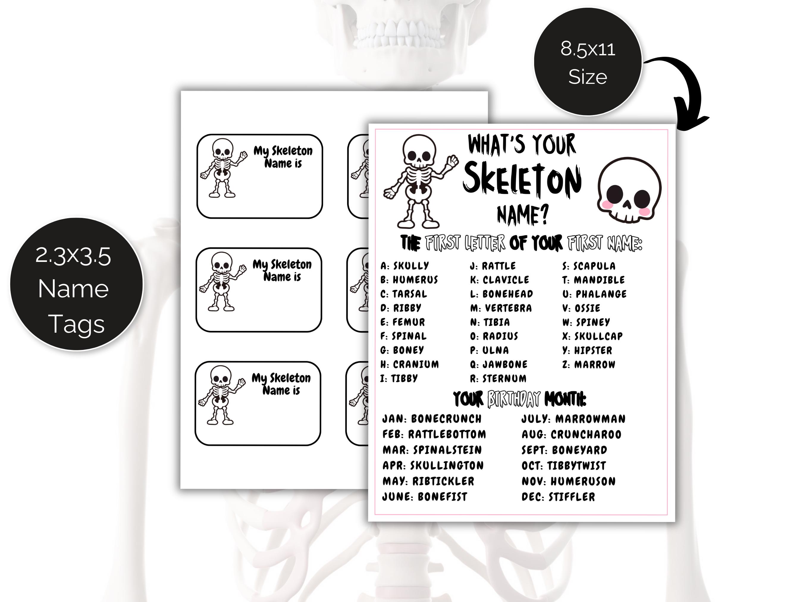 What's Your Skeleton Name Game + Name Tags, Printable Skeleton Party ...