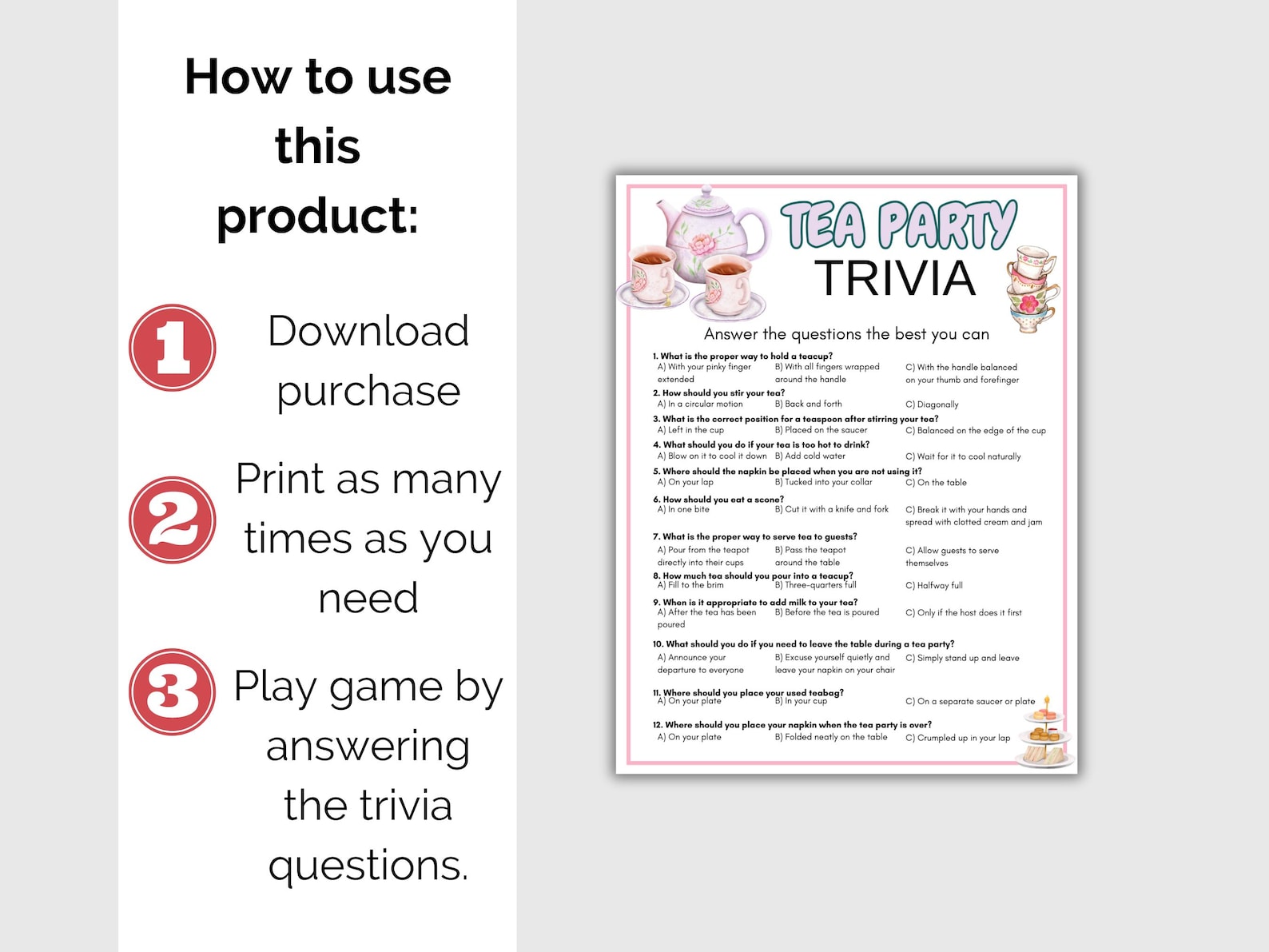 Tea Party Trivia Game, Tea Party Quiz, Tea Party Etiquette Game ...