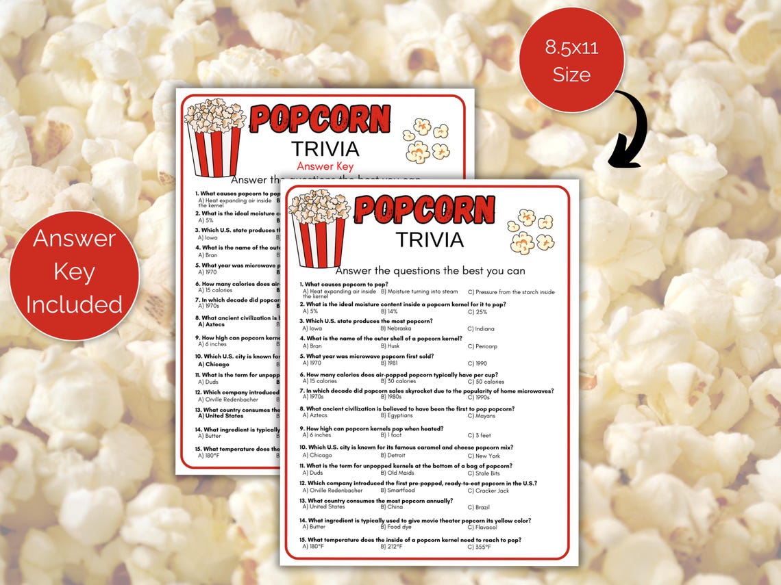 Popcorn Trivia Game, Popcorn Quiz, Printable Popcorn Game for Kids and ...