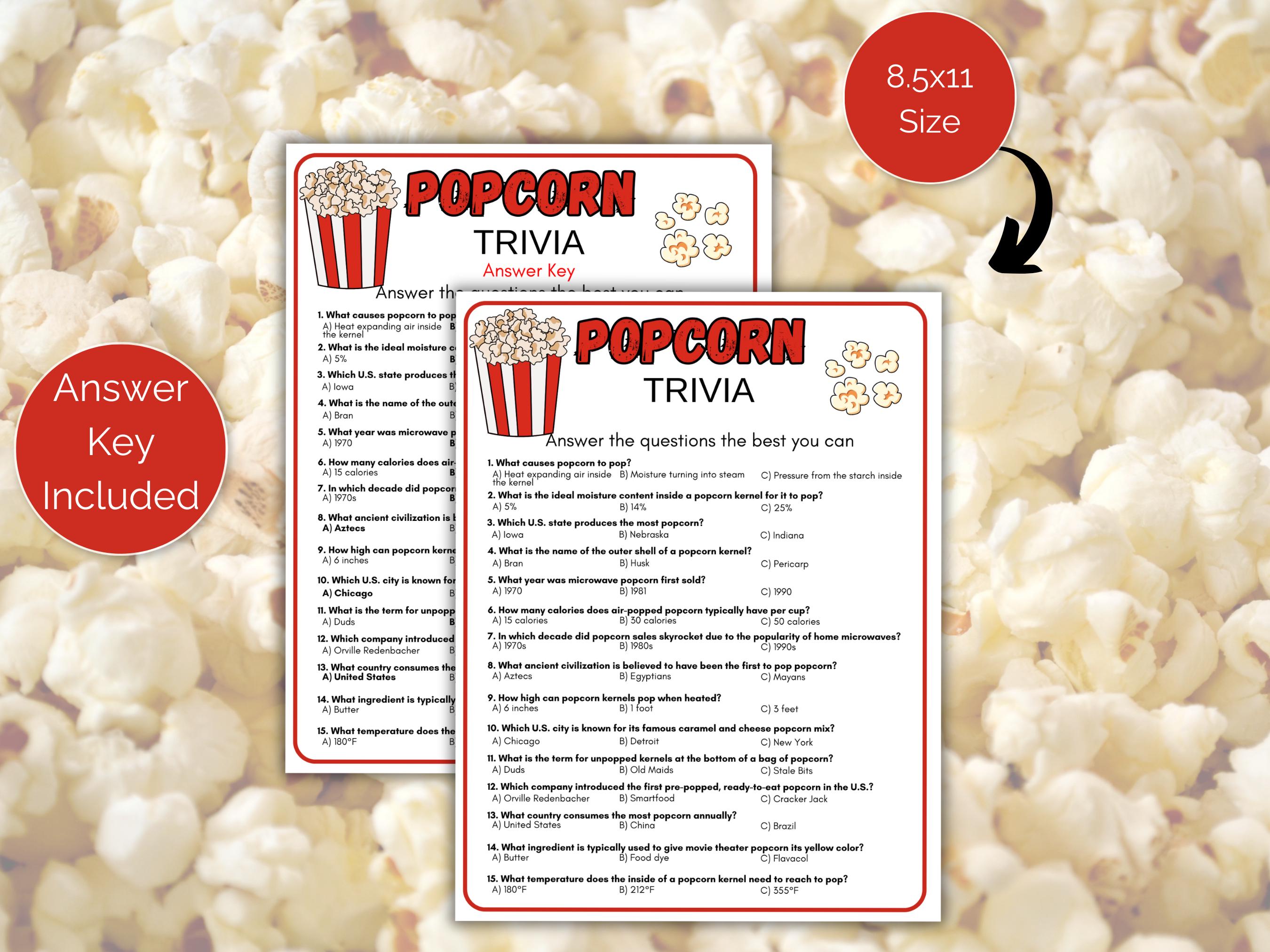 Popcorn Trivia Game, Popcorn Quiz, Printable Popcorn Game for Kids and ...