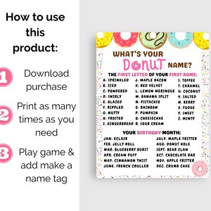 What's Your Donut Name Game + Name Tags, Donut Party Game, Donut ...