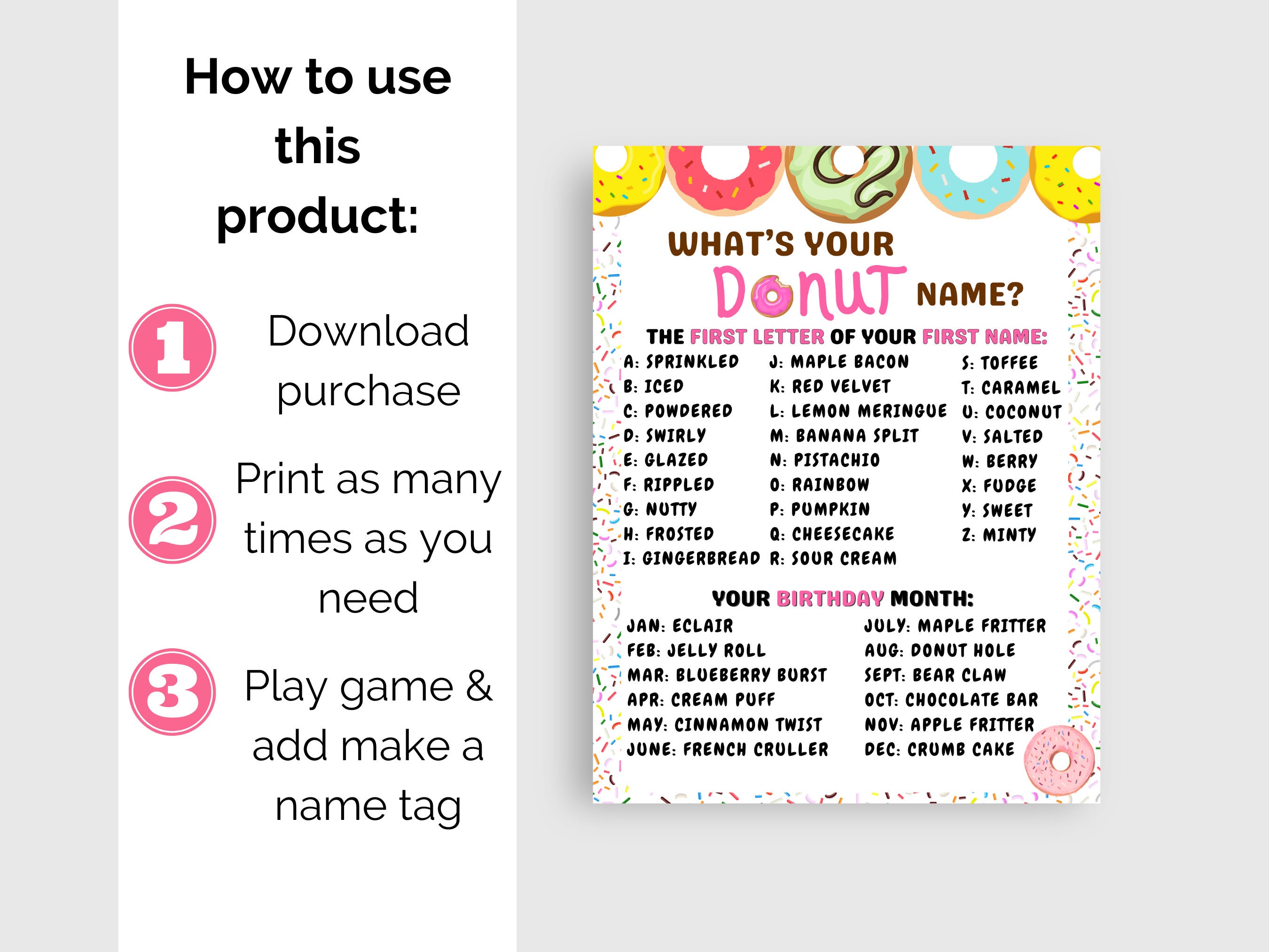 What's Your Donut Name Game + Name Tags, Donut Party Game, Donut ...